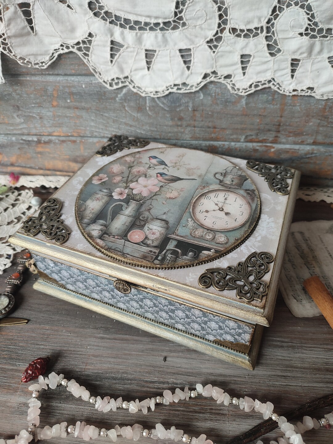 Vintage Wooden Box - Unique Home Decor, Vintage-inspired Decoupage ...