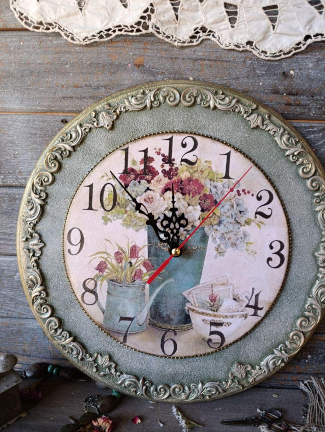 Floral Wall Clock, Handmade Vintage Style Clock With Roses, Shabby Chic ...