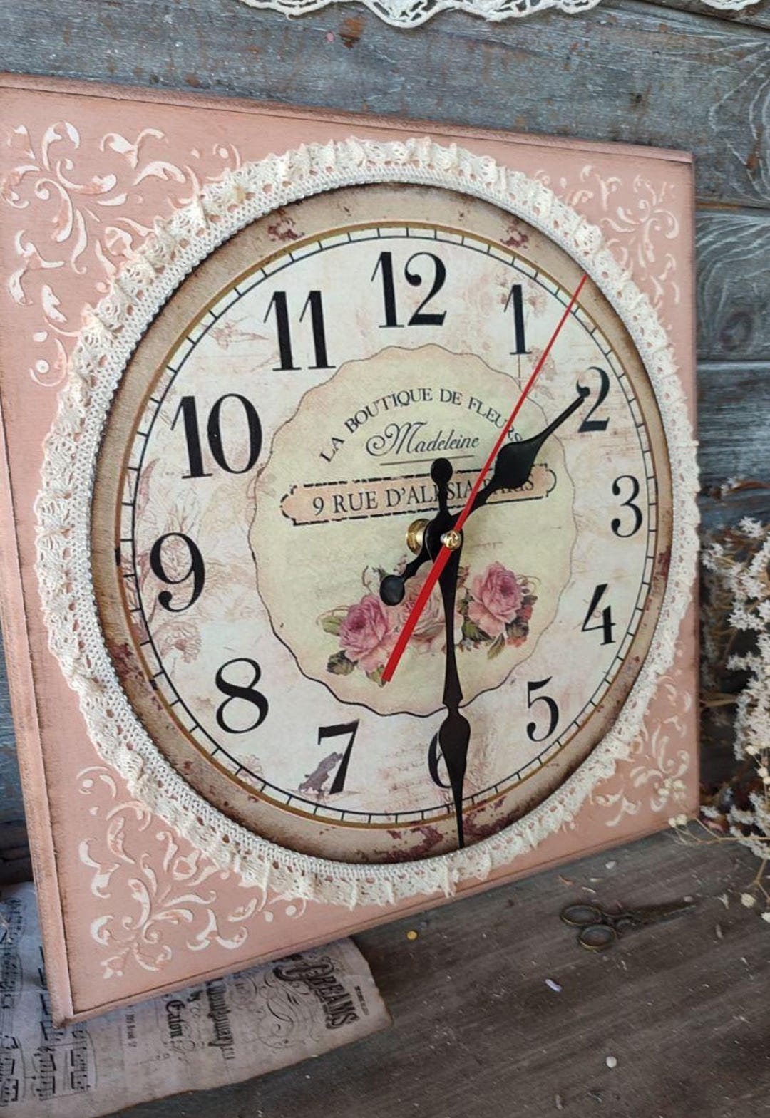Floral Wall Clock, Handmade Vintage Style Clock With Roses, Shabby Chic ...