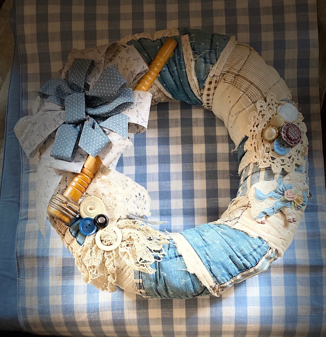 Vintage Blue Patchwork Quilt Wreath With Bobbin, Lace, Buttons ...