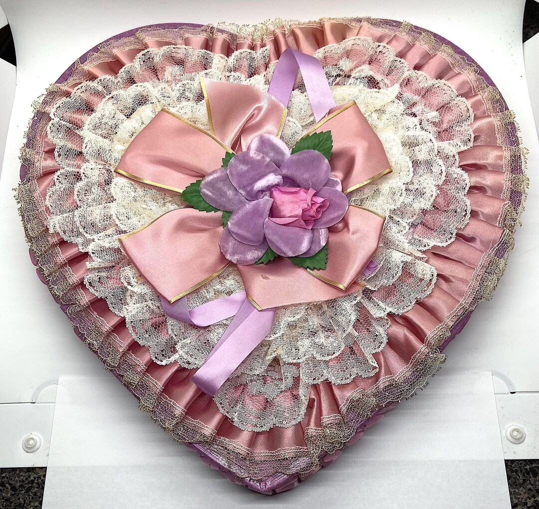 Vintage Valentine Candy Heart Box, Floral,pink, Purple,pleated Lace, 2 ...