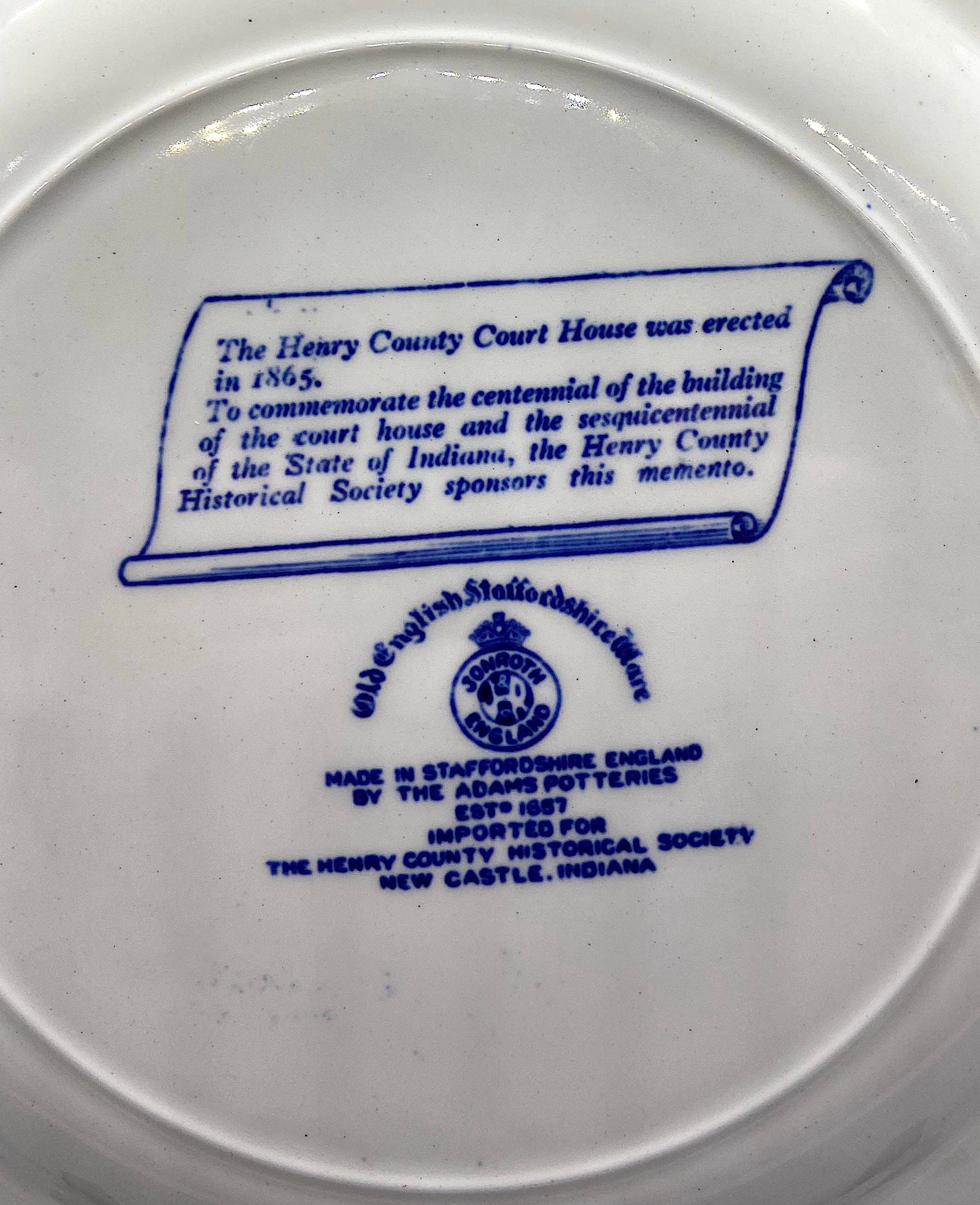 Vintage Blue and White Transfer Ware Plate, Indiana, Adams Potteries ...