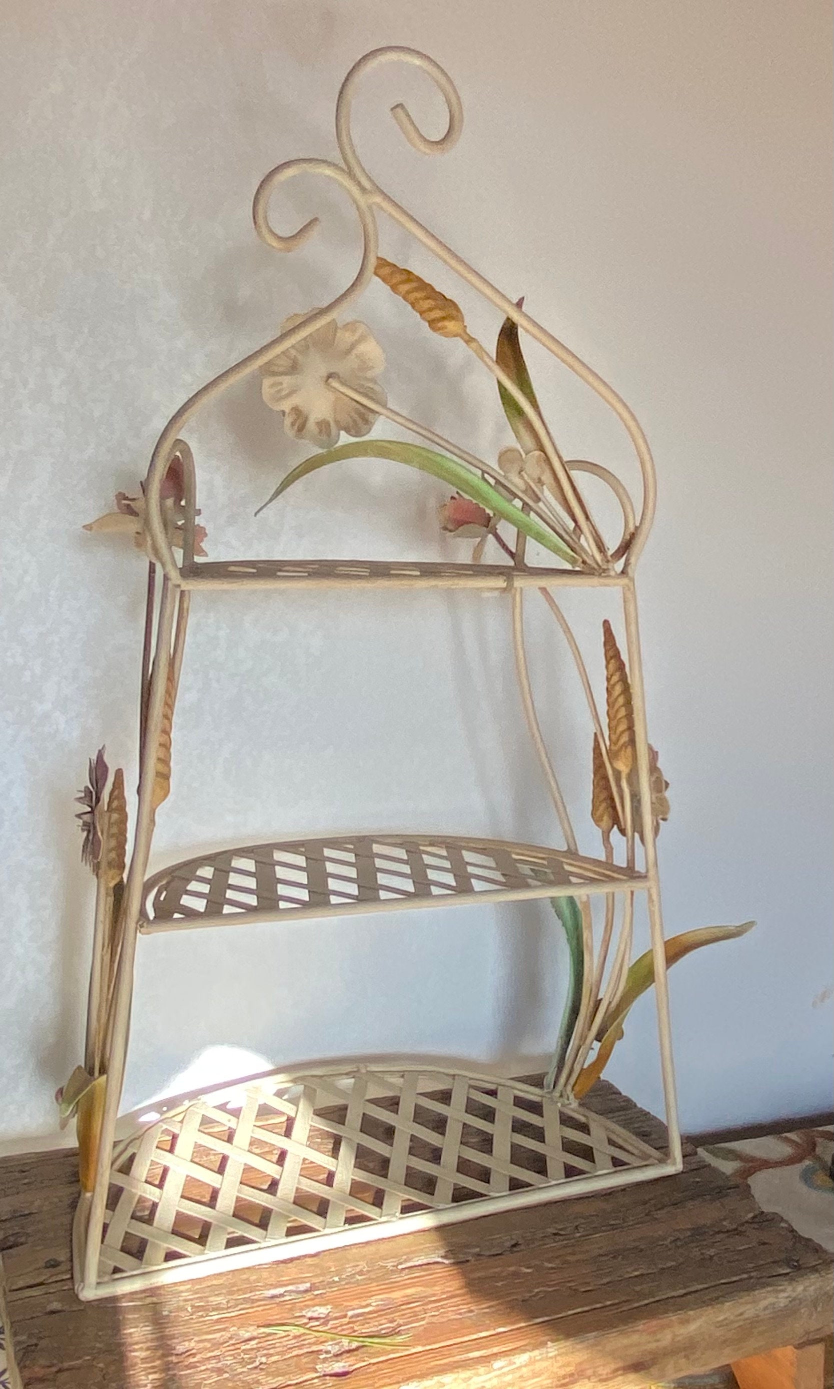 Vintage Metal Flowers Hanging Wall Shelf, Hollywood Regency, Open Weave ...