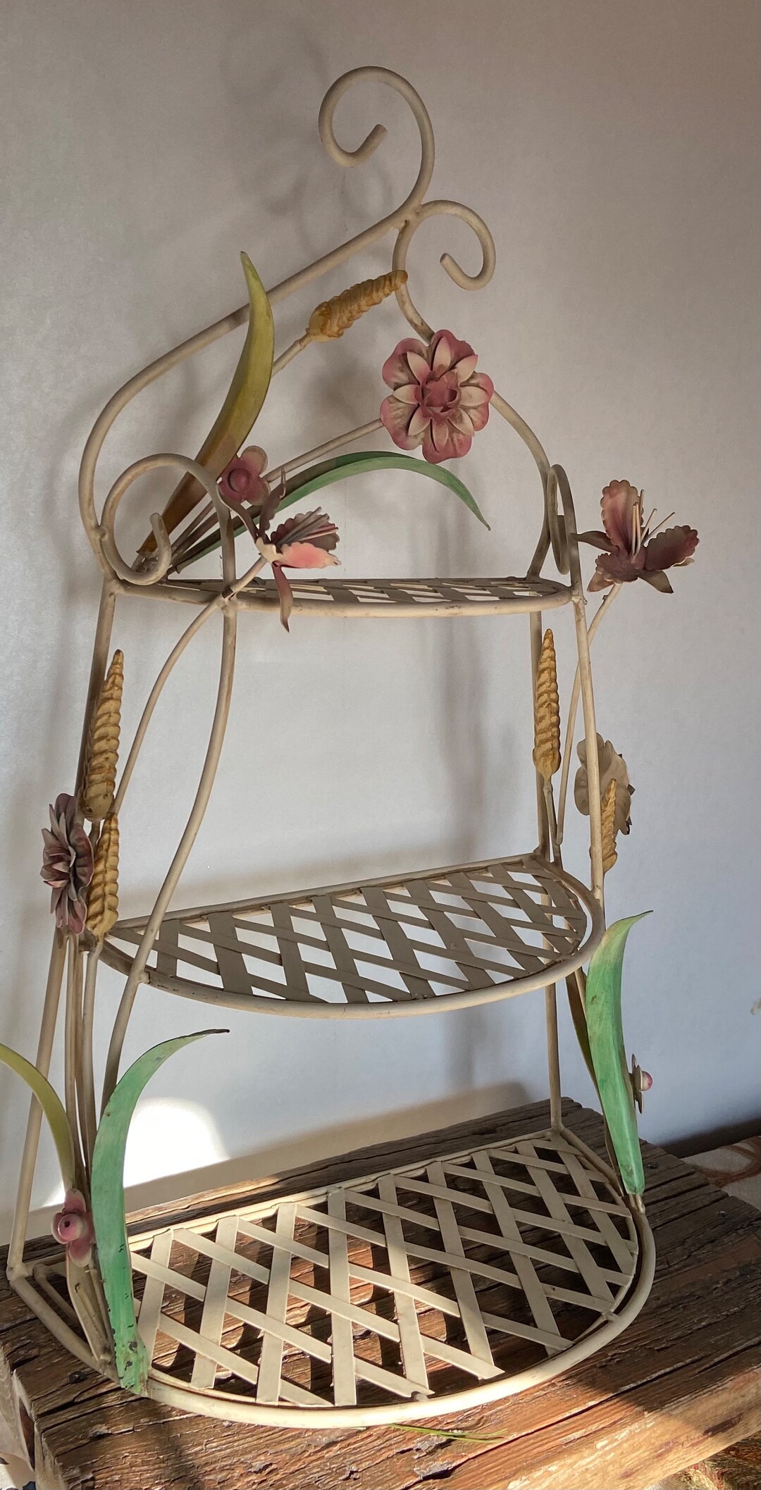 Vintage Metal Flowers Hanging Wall Shelf, Hollywood Regency, Open Weave ...