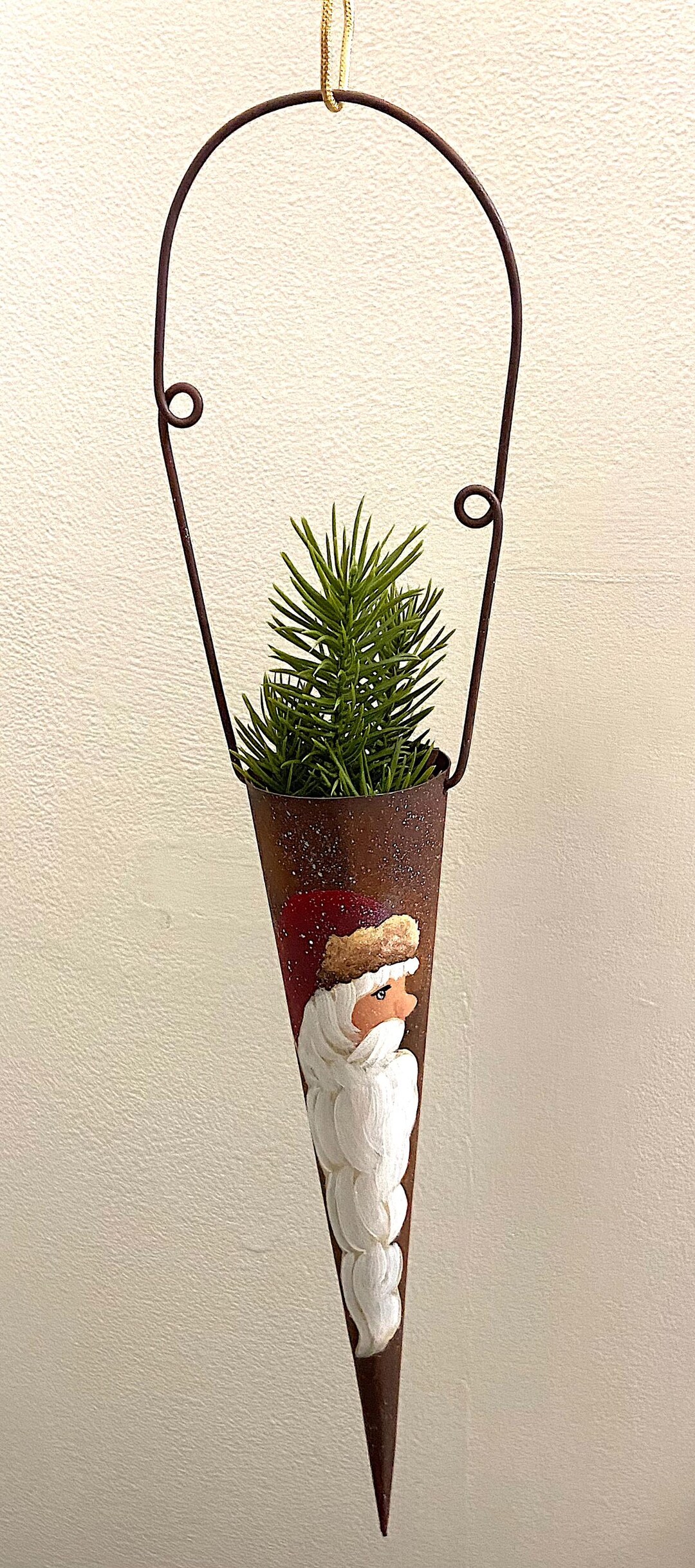 Vintage Metal Cornucopia, Artisan Handpainted Signed Tole Painted Santa ...