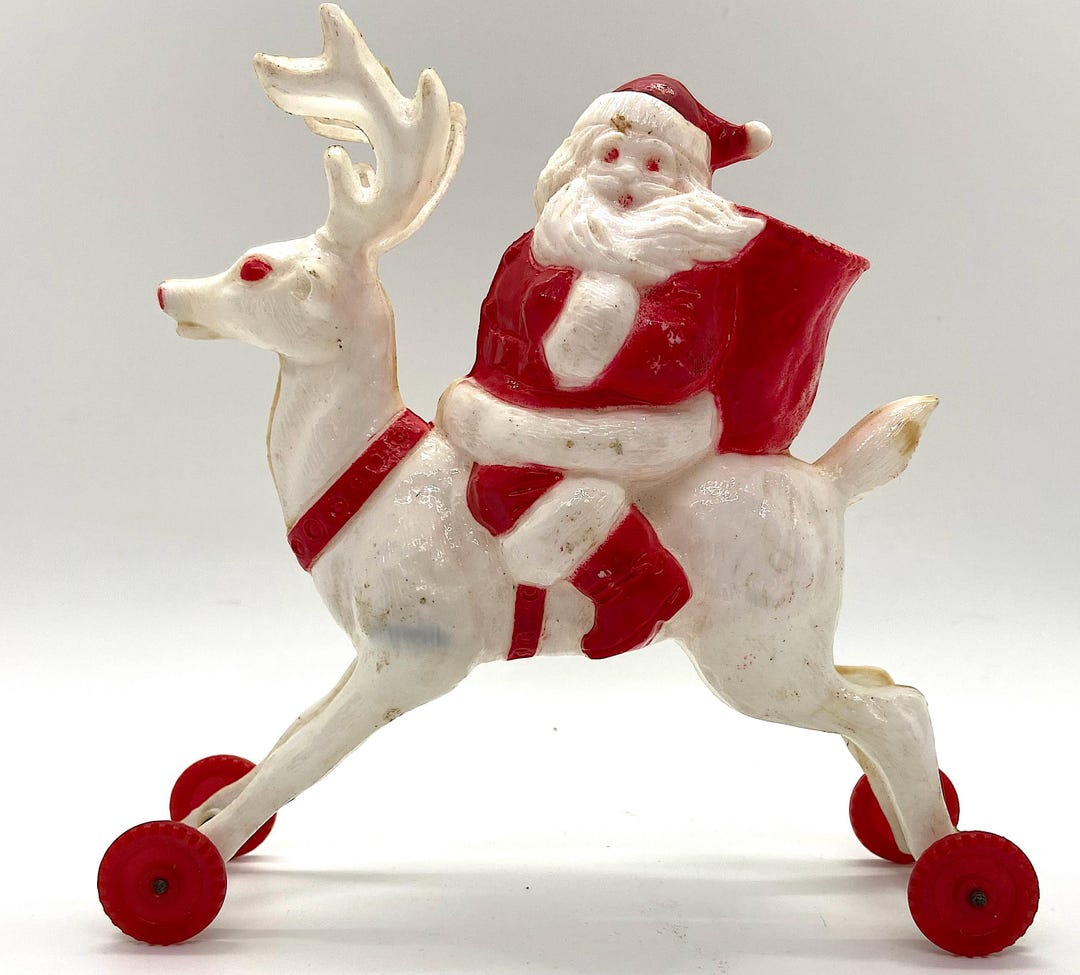 Vintage MCM Santa With Reindeer Candy Container With Wheels, Hard ...