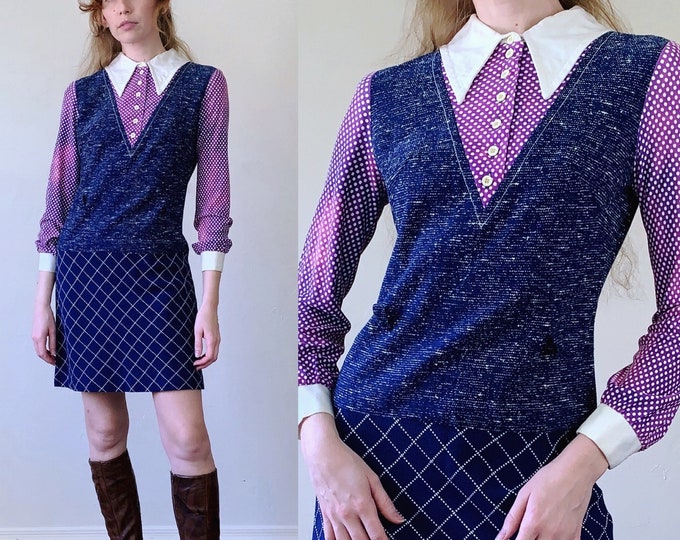 Vintage 1970s Dress / Mod Mixed Print Polka Dot Dagger Collar Magenta ...