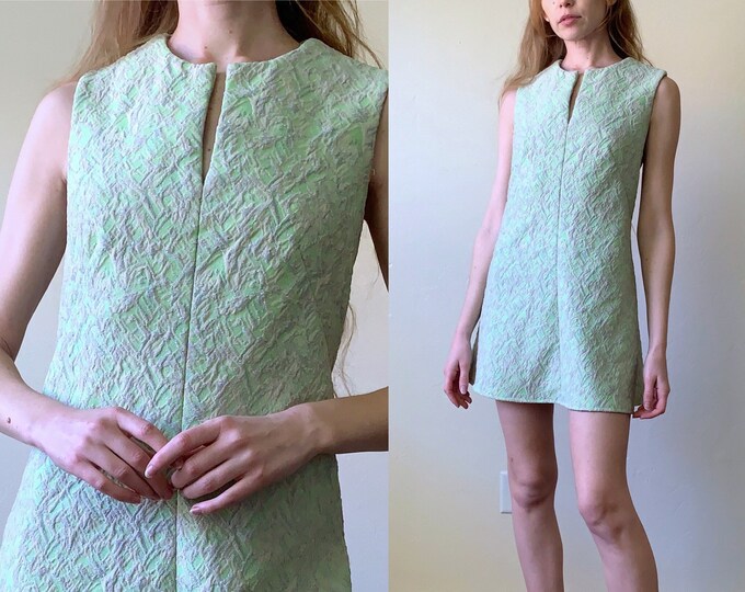 Vintage 1970s Mini Dress / Metallic Thread Mint Green 70s A-line Mini ...
