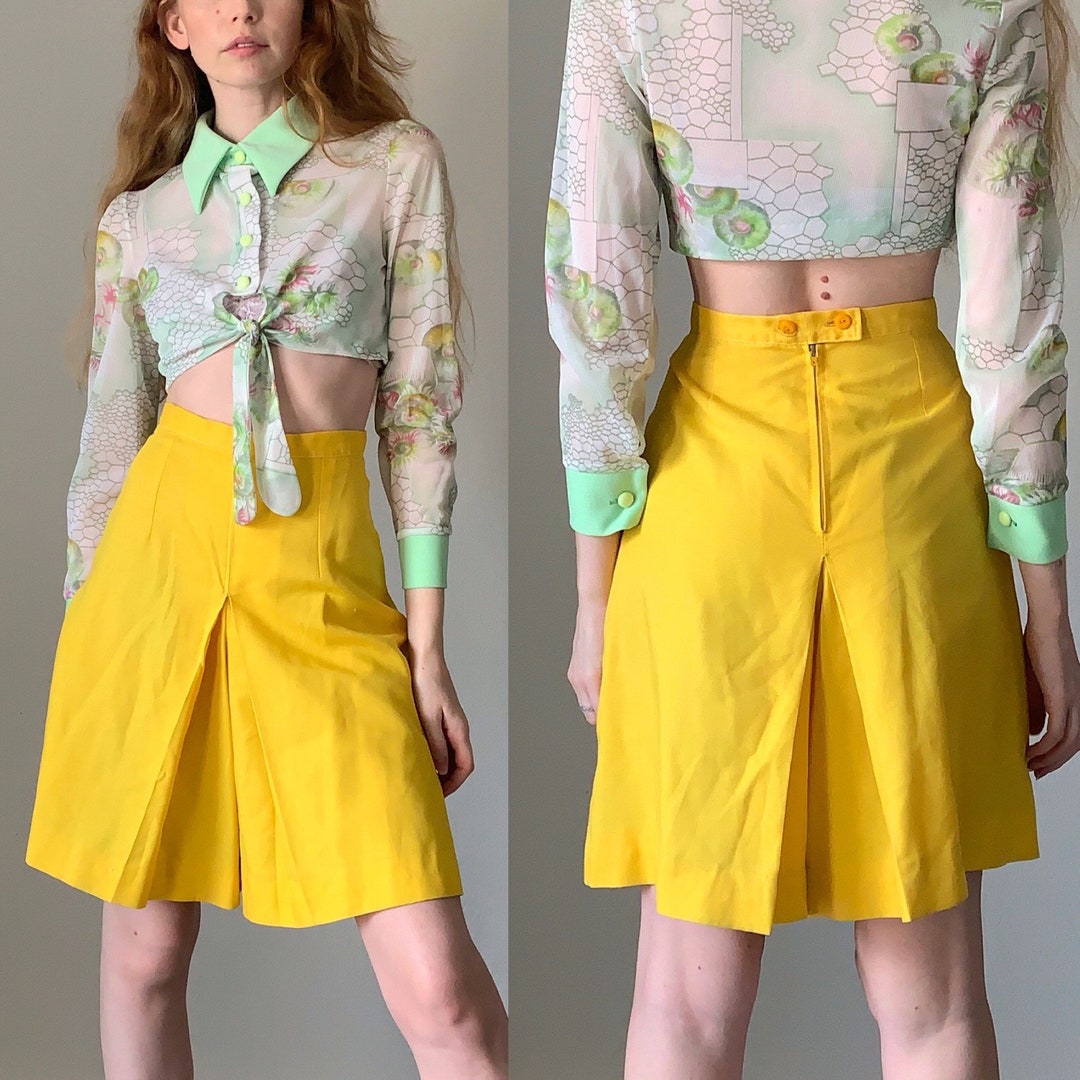 70s Wide Leg Culottes, Lemon Yellow High Waist Pleated Shorts, Womens ...