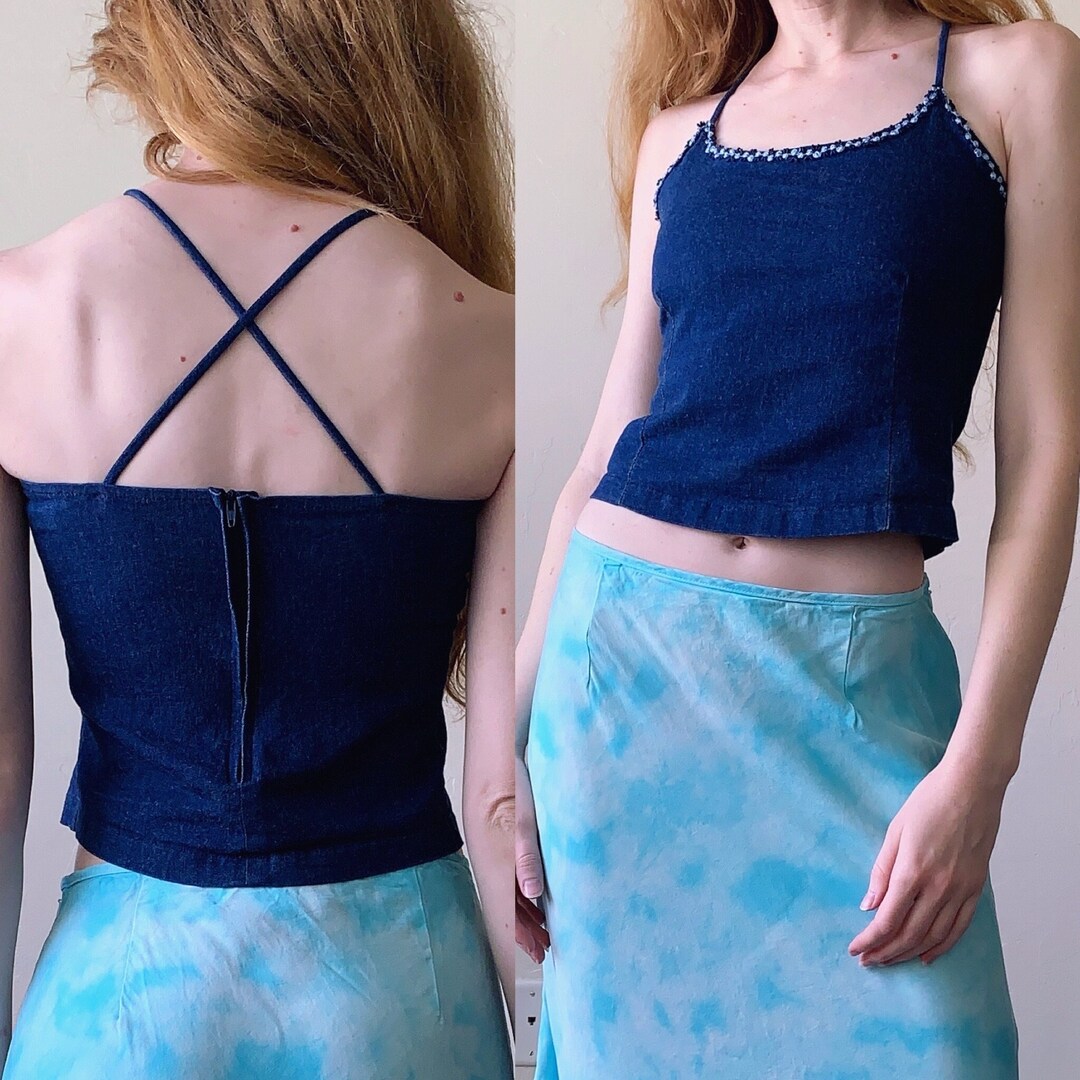 90s Denim Crop Top, Criss Cross Back Spaghetti Strap Top, Womens Size ...