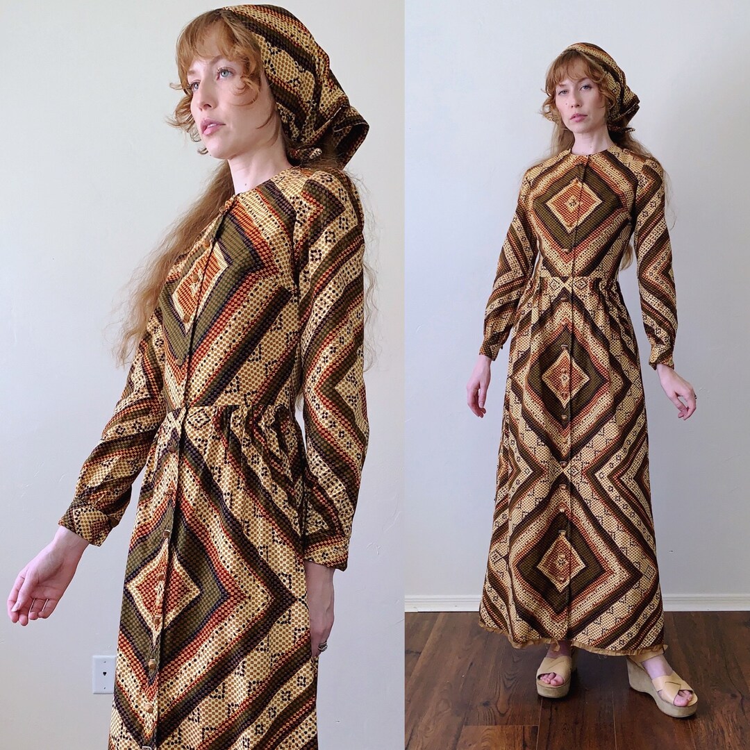 Vintage 1960s Dress / Neutral Tone Chevron Striped 60s Maxi - Etsy