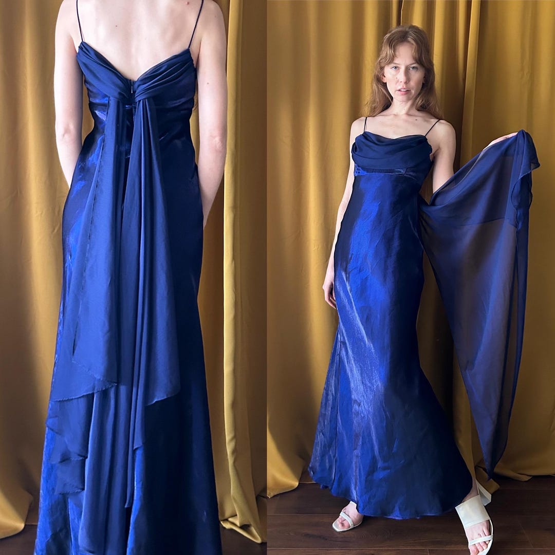 Vintage 1990s Prom Dress Purple Organza Spaghetti Straps Long Evening ...