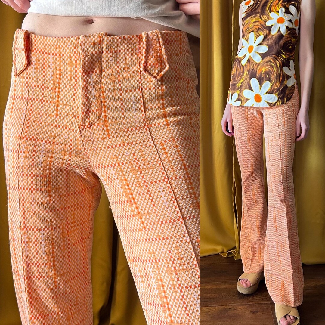 Vintage 1970s Western Rodeo Pants - Orange Plaid Bell Bottoms - Low ...