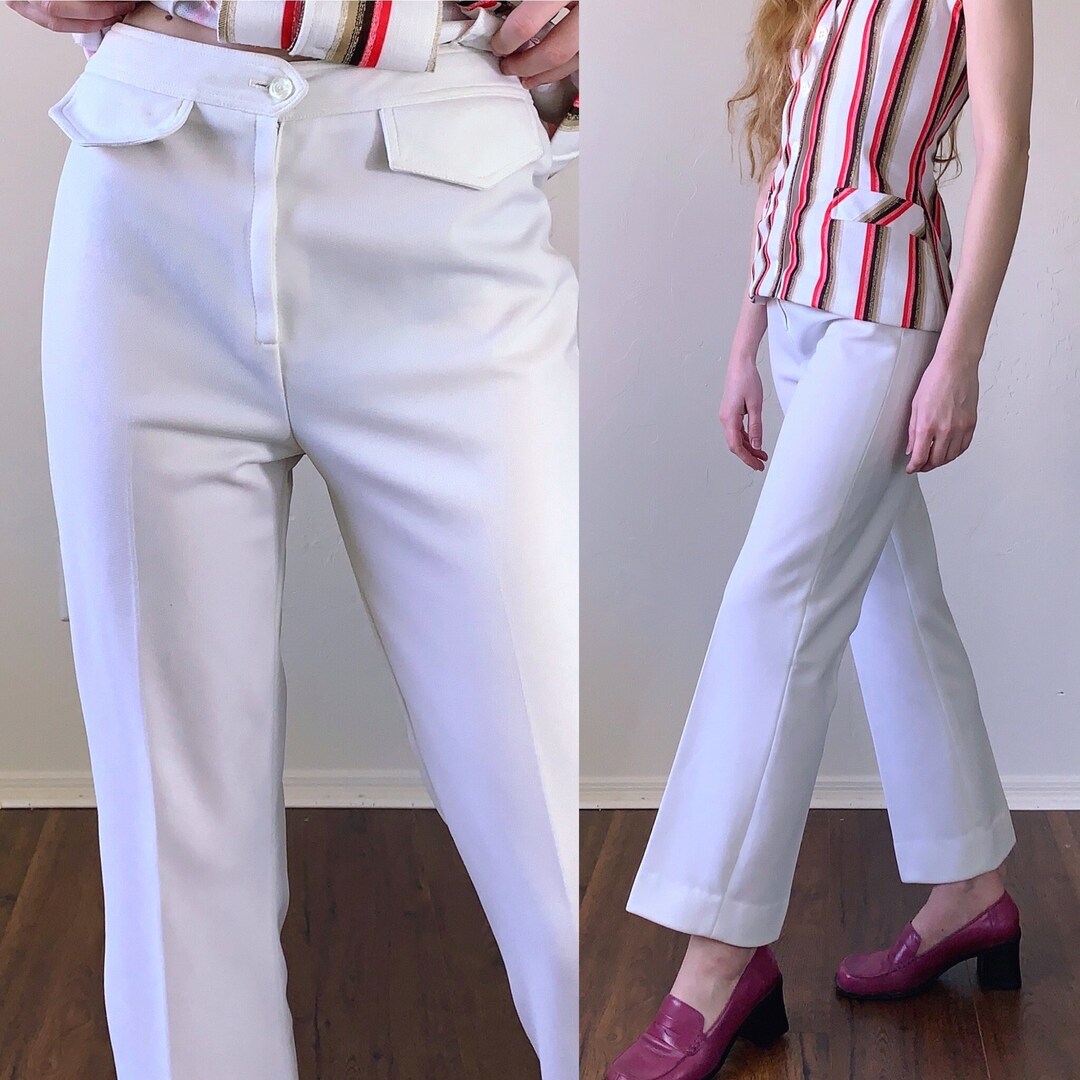 Vintage 1970s Mod White Flared Pants Polyester, High Waist Trousers ...