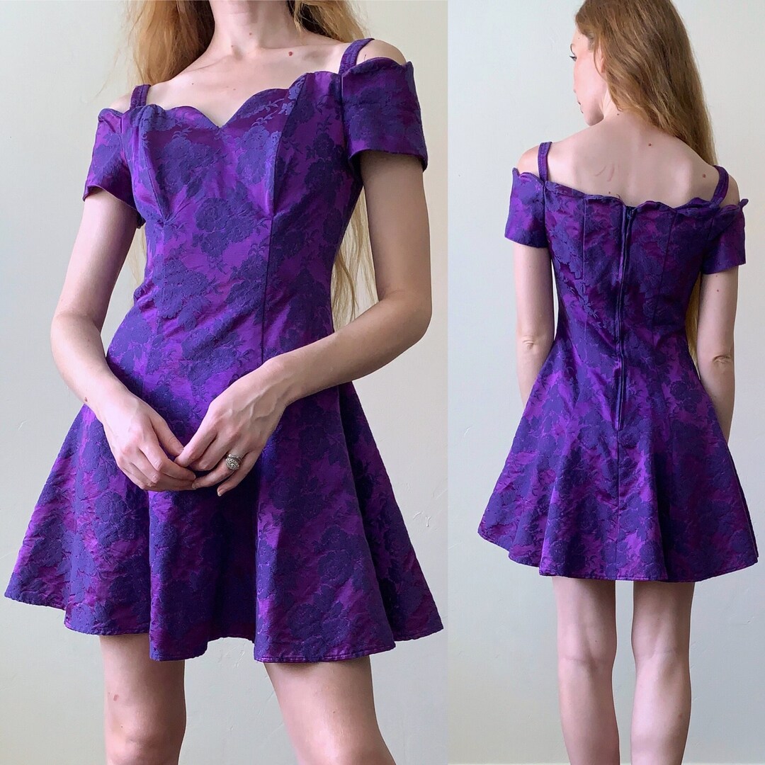 90s Purple Mini Skater Dress, Rose Print off the Shoulder Vintage 1990s ...
