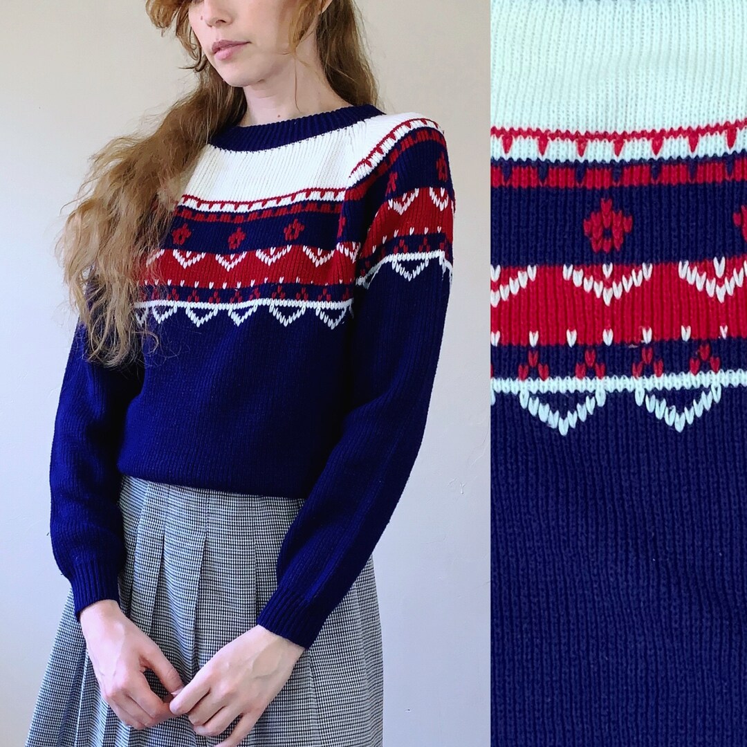 Vintage 1970s Sweater / Blue Fair Isle Style Crew Neck Pullover 70s ...