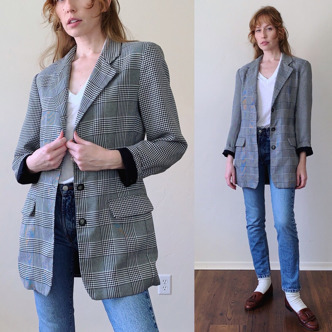 90s Plaid Boxy Blazer, Notched Collar Longline Jacket, Vintage 1990s ...