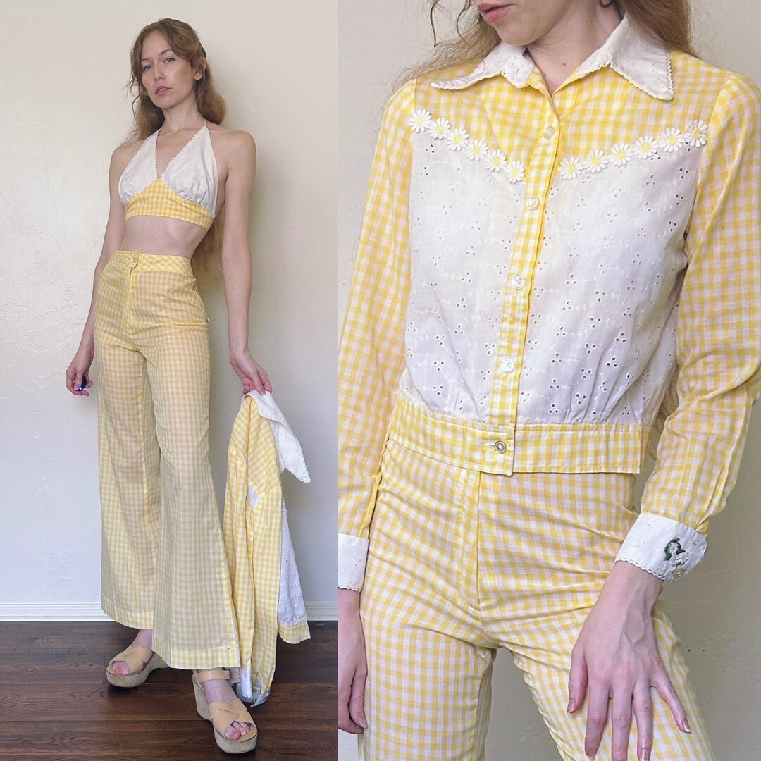 Vintage 1970s Pant Suit, VTG 70s Yellow Gingham Plaid Two Piece Bell Bottoms & Halter Top Set ...