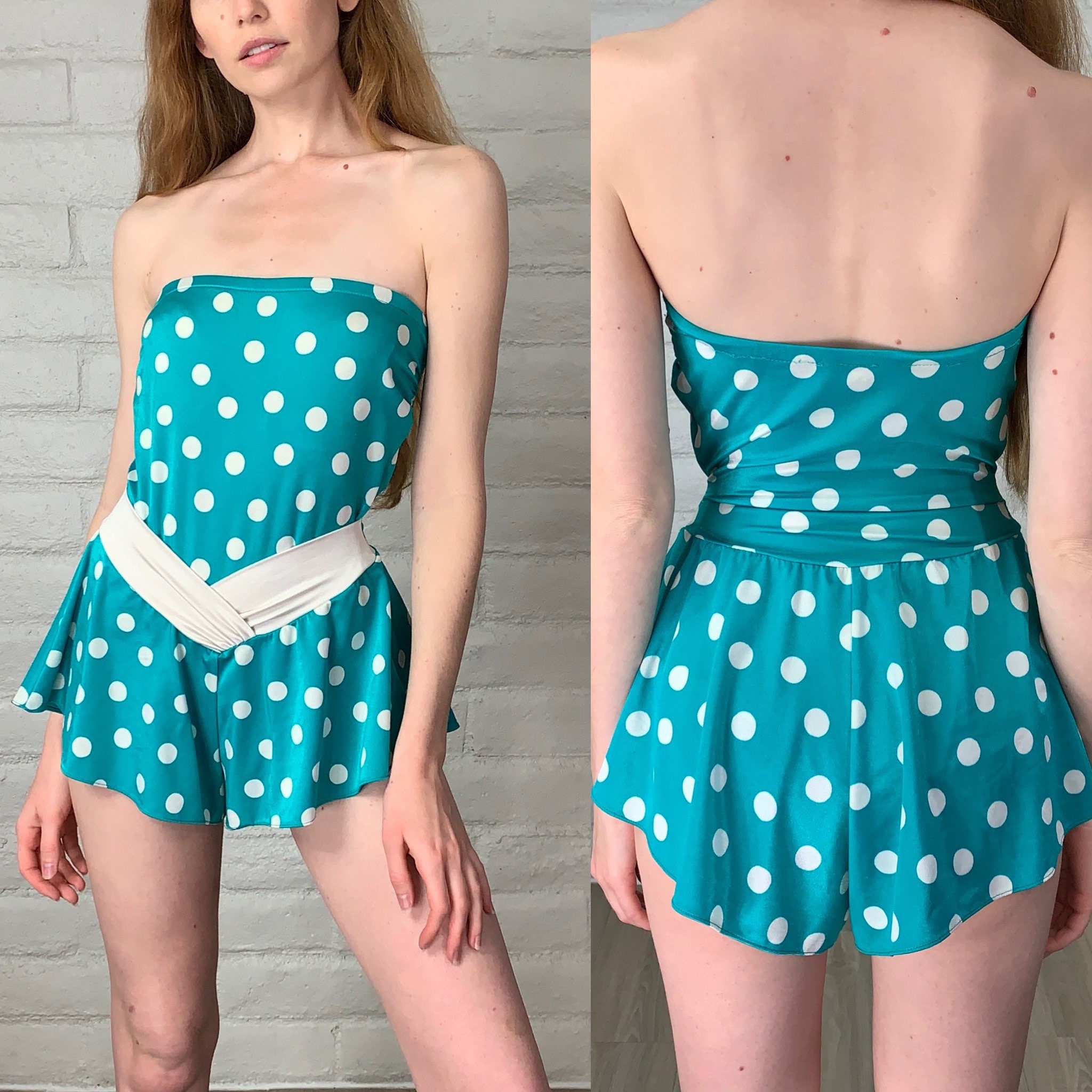 Vintage 1980s Swimsuit Teal Polka Dot Strapless 80s Swimsuit Etsy