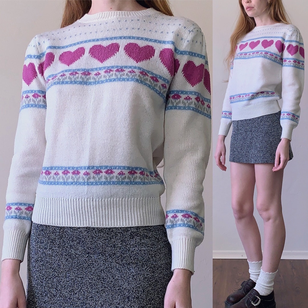 Vintage 1980s Sweater / Heart Pattern Puffed Shoulder Crew - Etsy