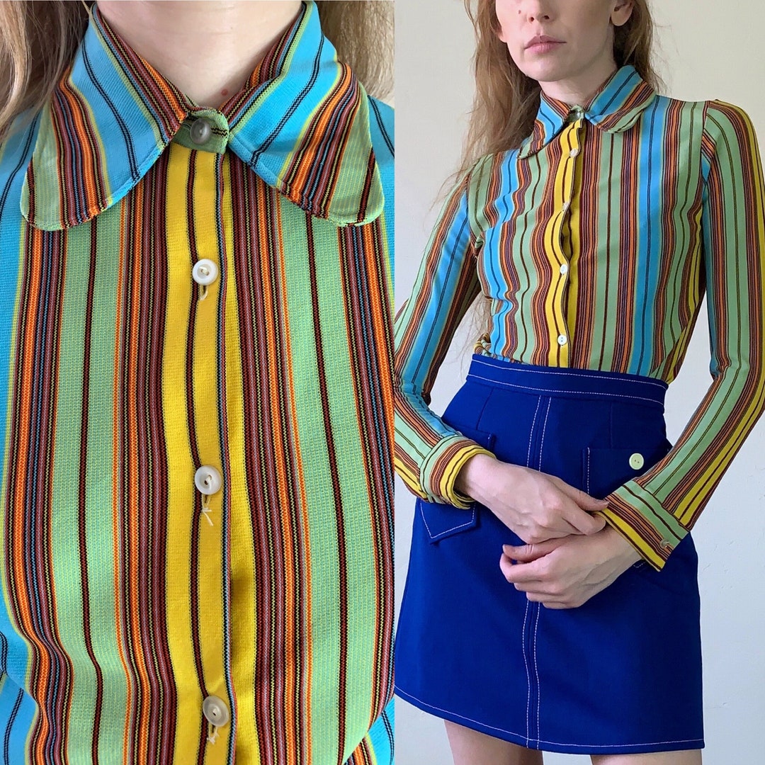 60s Dog Ear Collar Top, Mod Striped Long Sleeve Button up Shirt, Womens ...