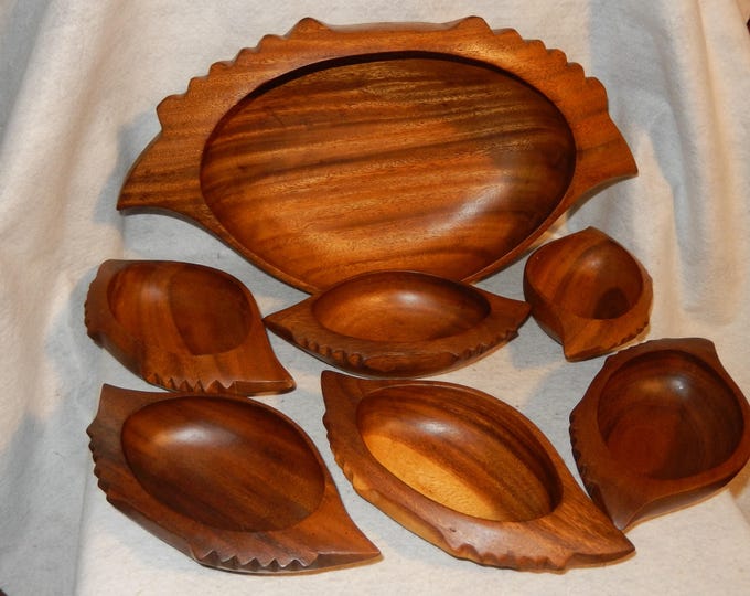 Vintage Monkey Pod CRAB Shell Wood Salad Bowl Set Serving MCM Genuine ...