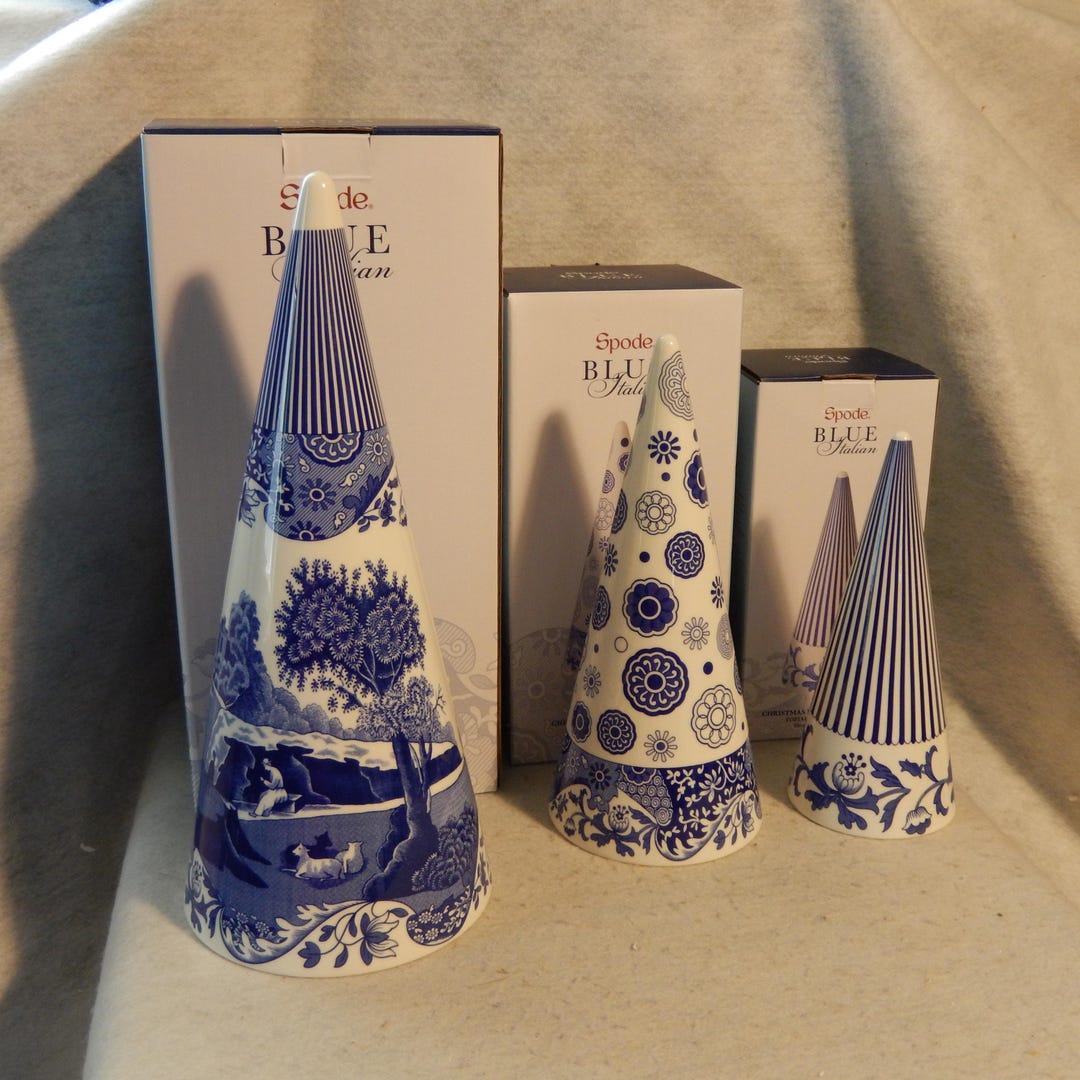 Set 3 SPODE Blue Italian TOPIARY Christmas Tree Porcelain MIB 8" 10" 13 ...