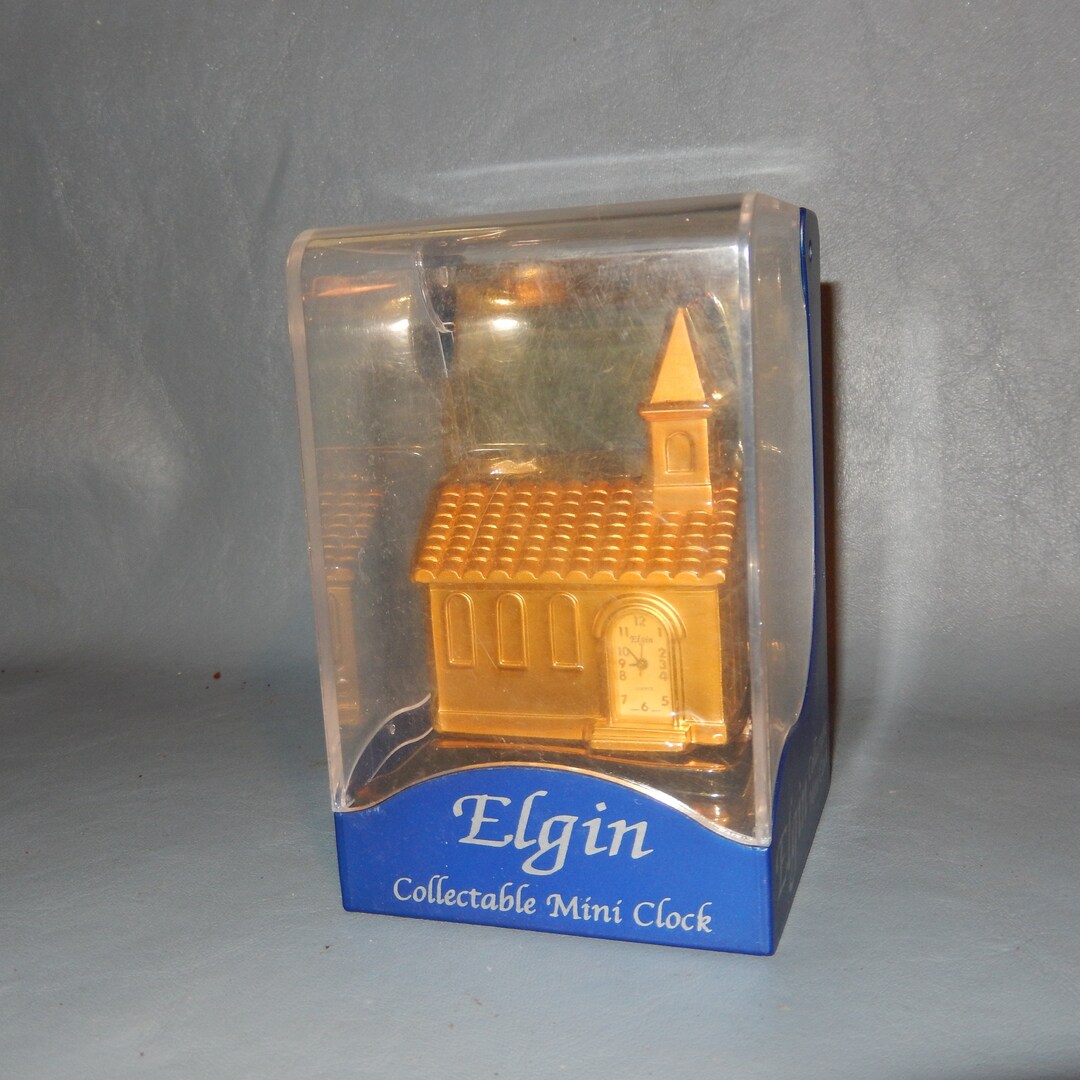 ELGIN Collectable CHURCH Chapel Miniature Clock MIB Dollhouse Gold Mini ...