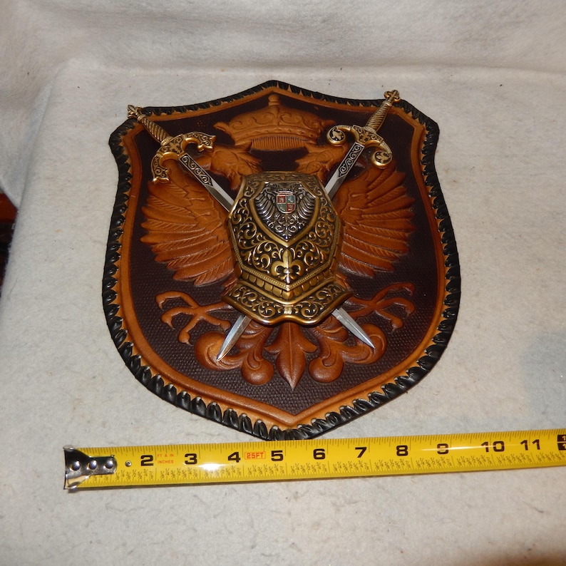 Vintage Tooled Leather COAT of ARMS Shield Plaque Metal Sword Damascene ...