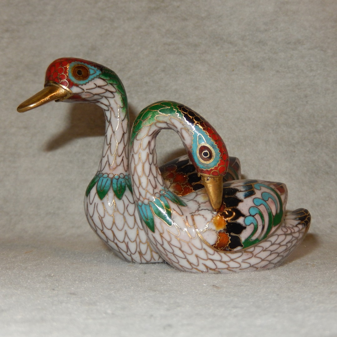 Vintage PEKING DUCKS Chinese Cloisonne Enamel Brass Figurine Animal ...