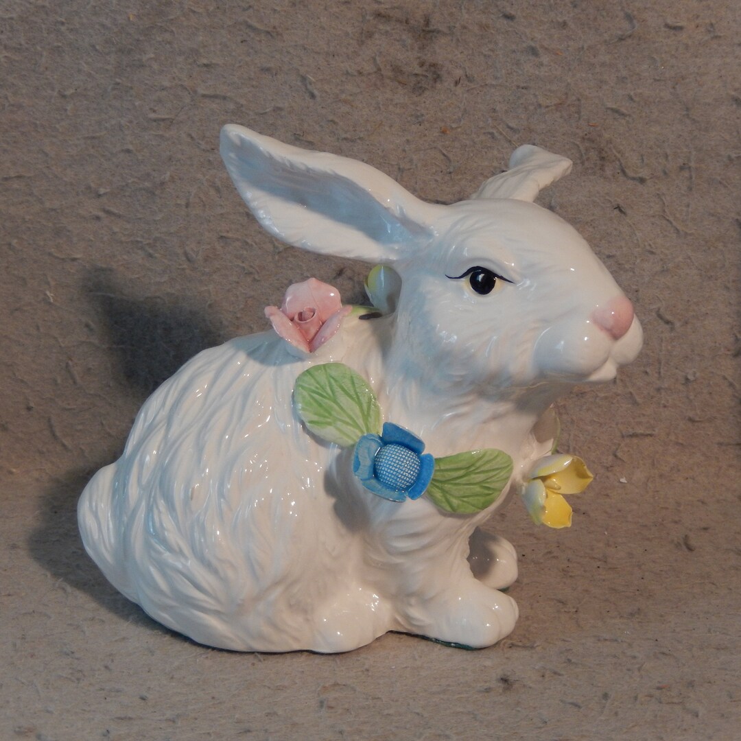 Vintage White RABBIT Italian Art Pottery Figure Statue Bunny Flowers ...