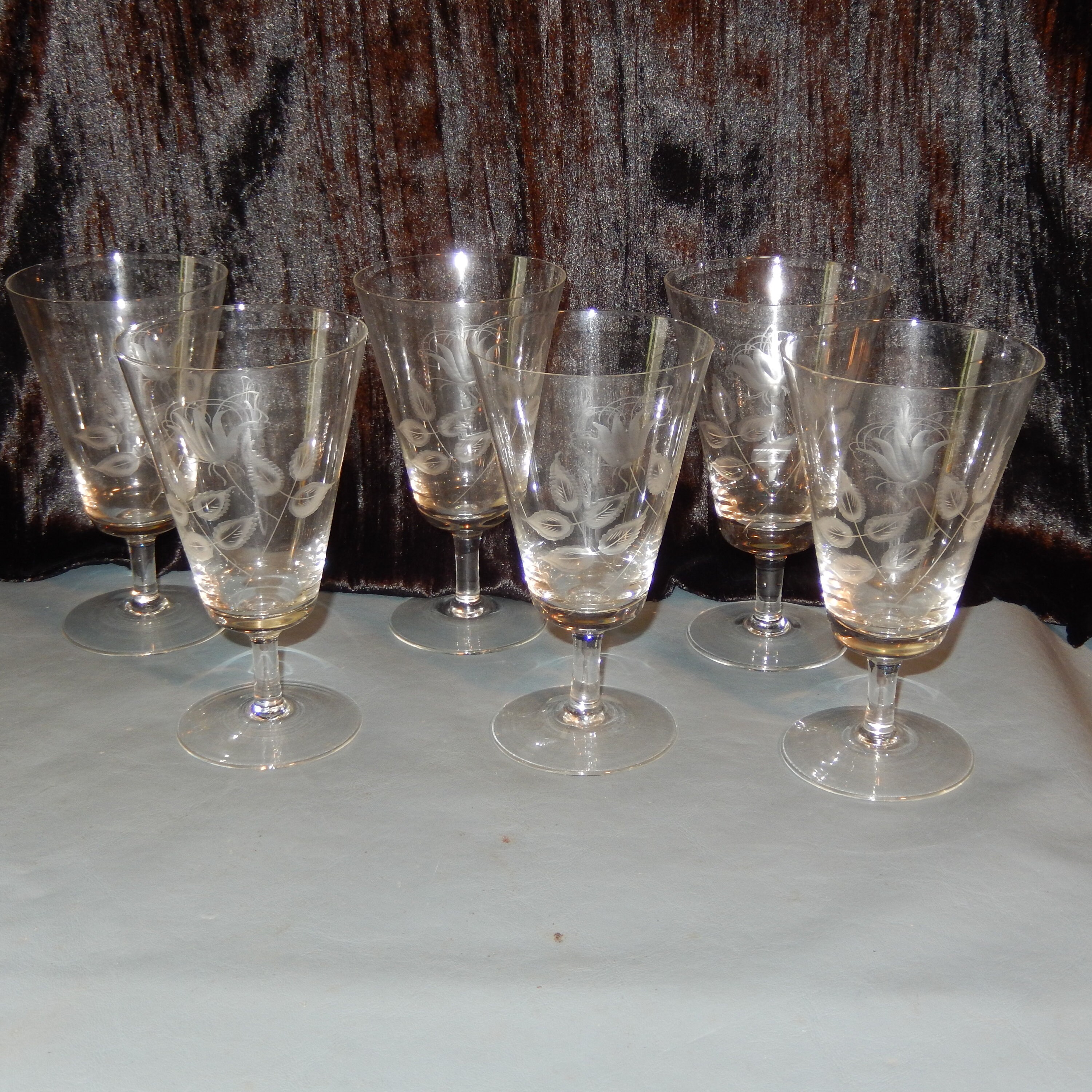 Set 6 Vintage Rosenthal Etched Crystal Water Goblet Shadow Rose Stem