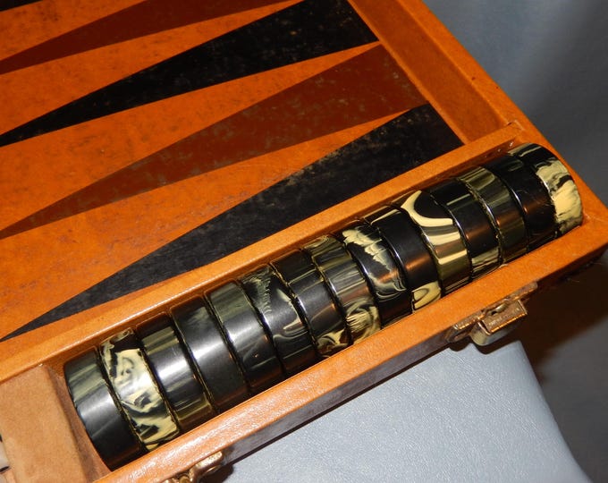 Vintage BACKGAMMON Set BLACK Marble BAKELITE Caitlin Pieces Large Gold Travel Game as is ~ Free ...