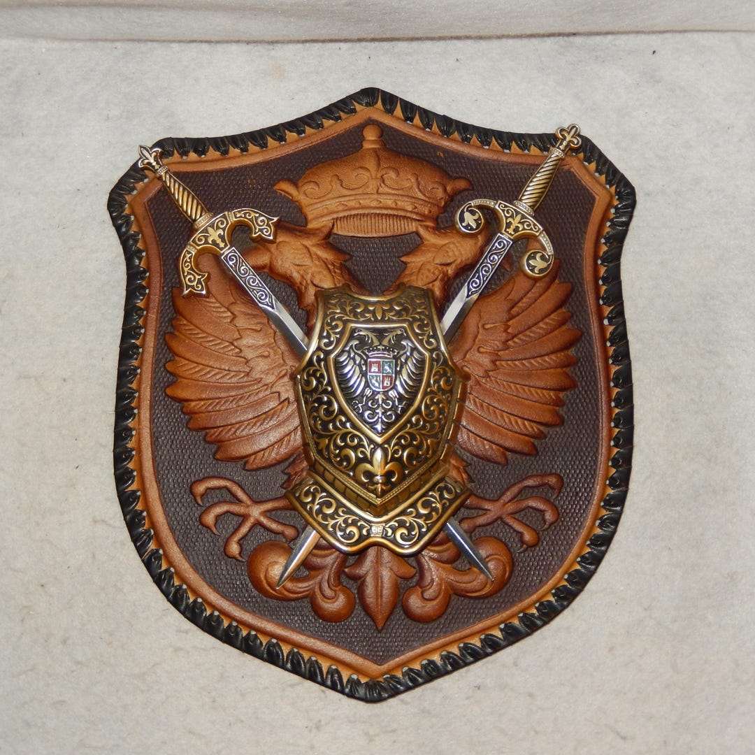 Vintage Tooled Leather COAT of ARMS Shield Plaque Metal Sword Damascene ...