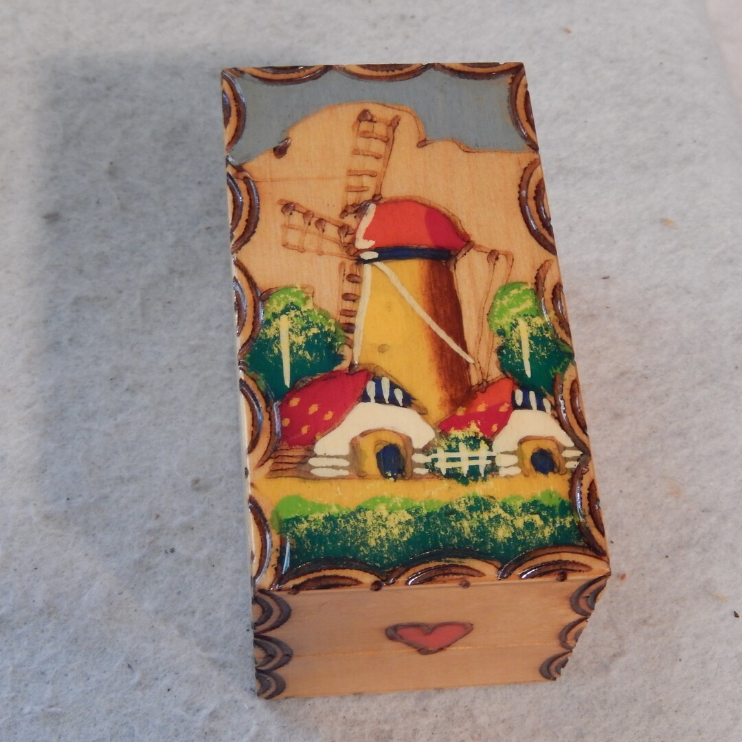 Vintage Pyrography CARD Box Linden Wood Double Deck WINDMILL Hand ...