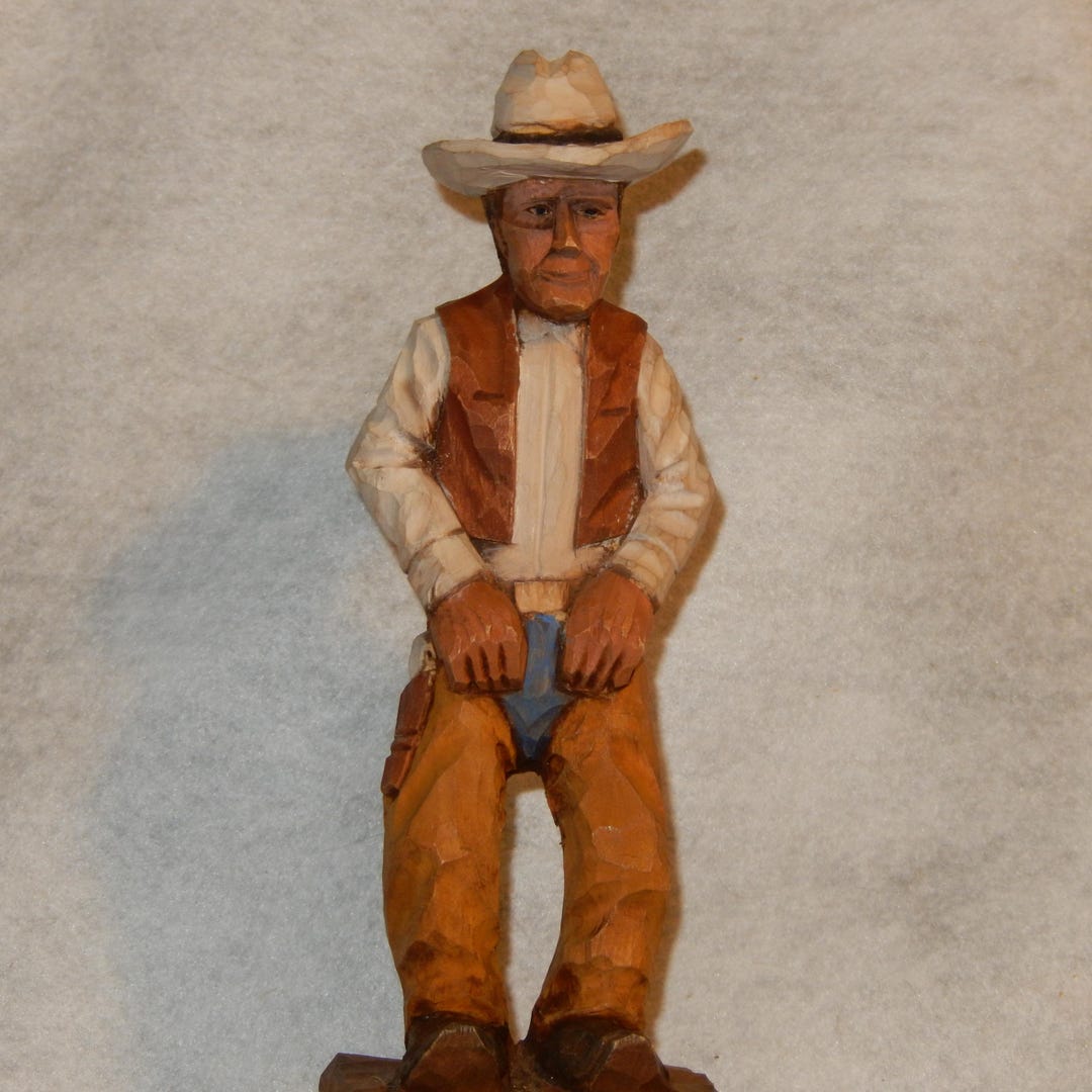 11" Hand Carved Wood COWBOY Solid Piece Signed DAN Single Block Figure ...