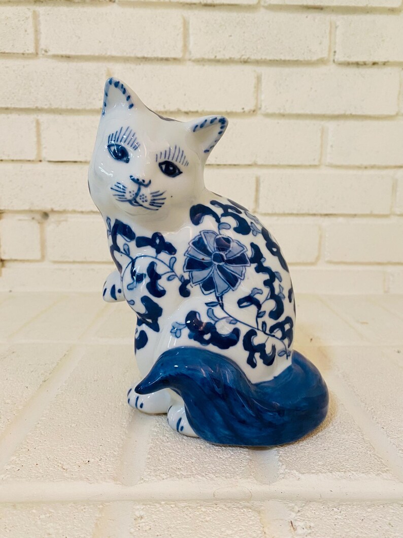 Vintage Blue & White Chinoiserie Floral Good Luck Cat Kitten - Etsy