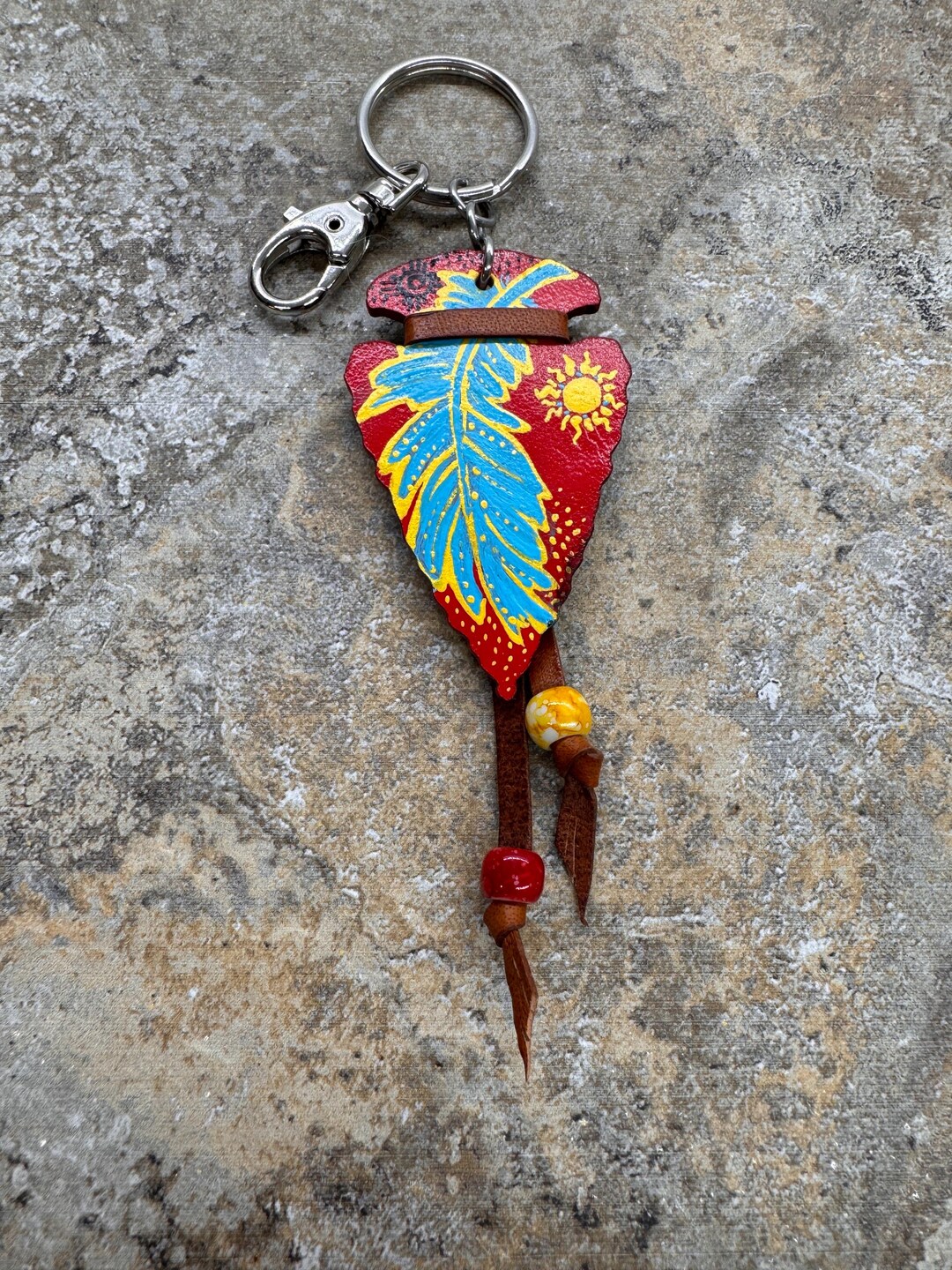 Leather Arrowhead Keychain, Handmade, Hand Painted With Feather and ...
