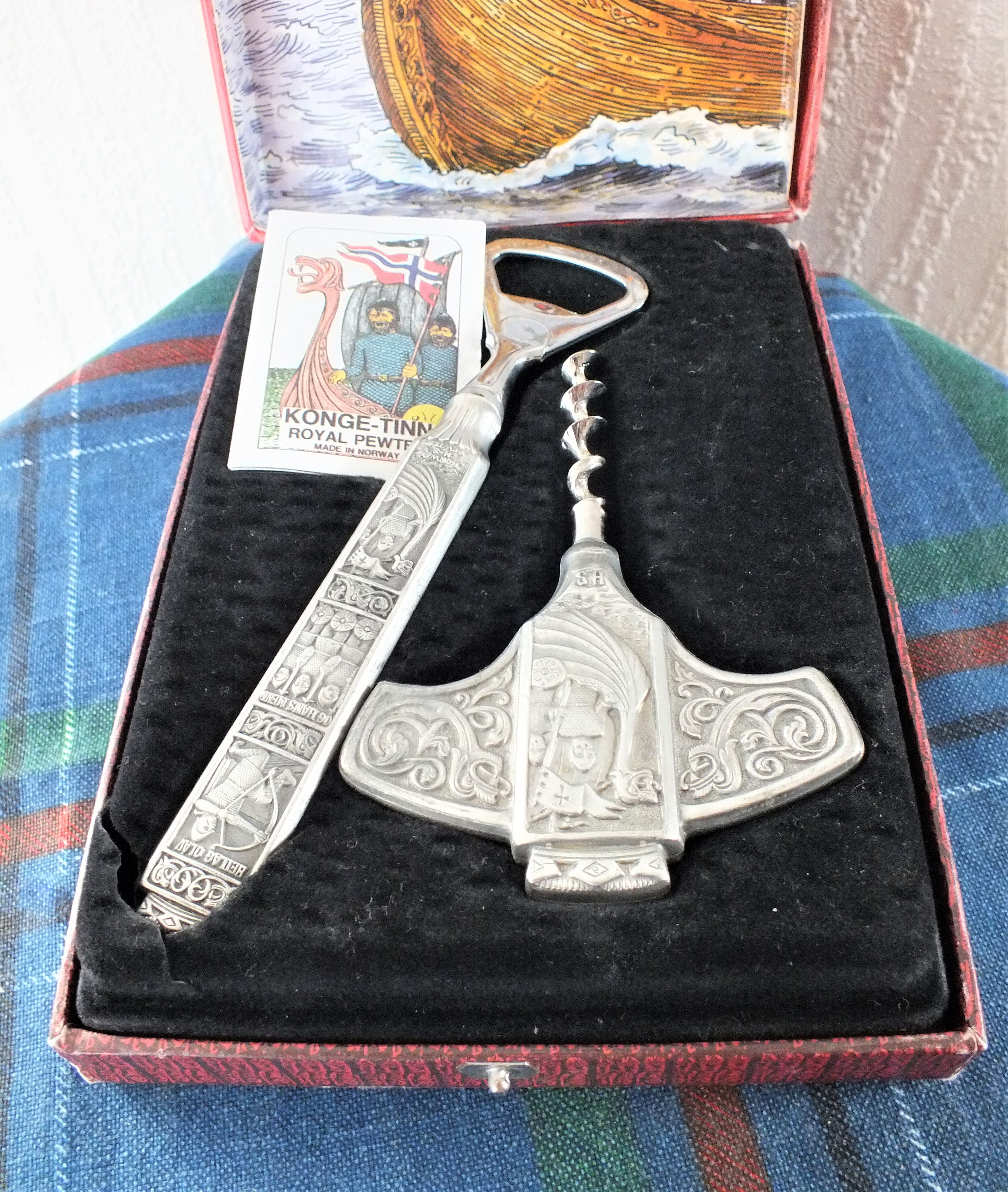Vintage Konge Tinn Pewter Corkscrew and Bottle Opener Set by Hardanger ...