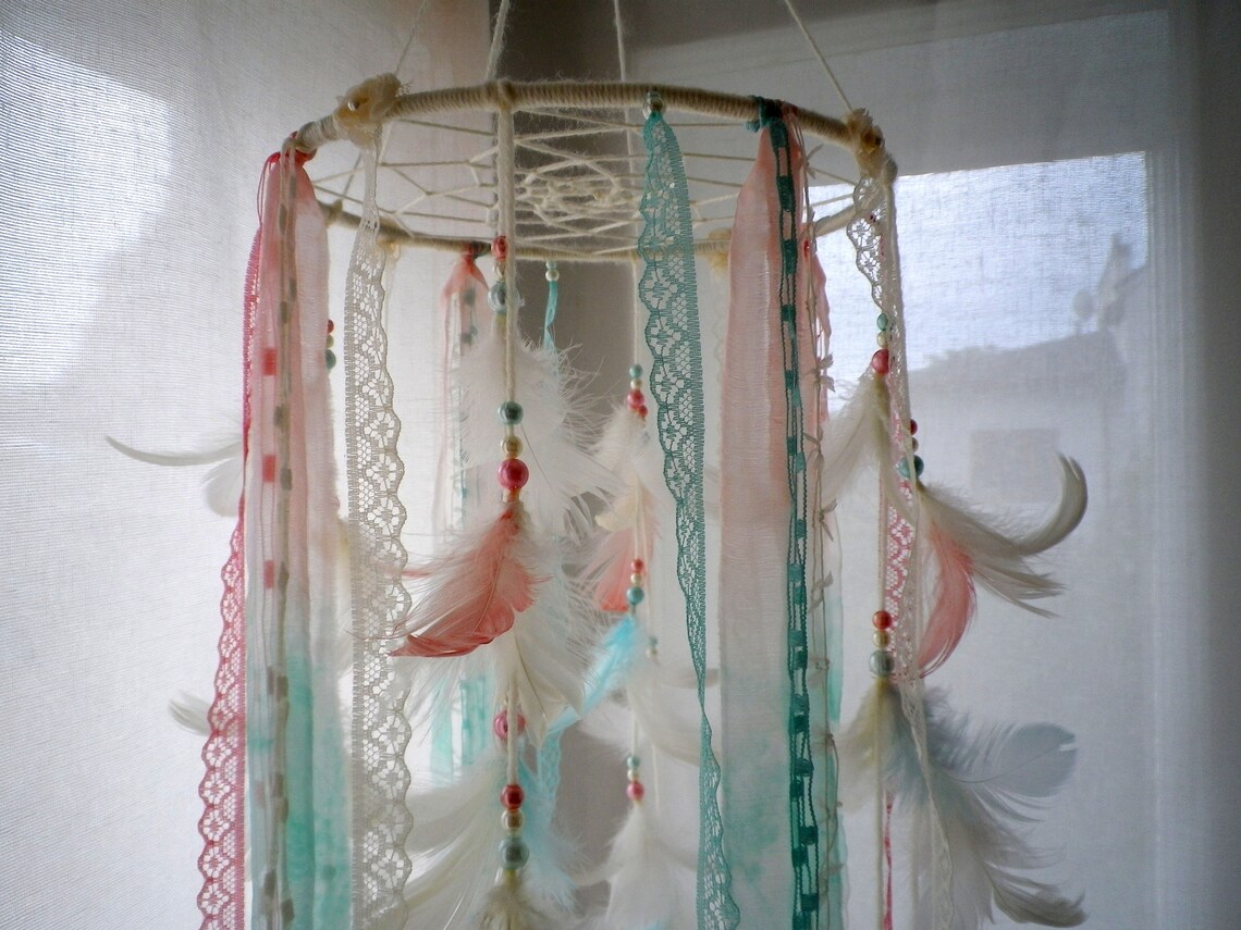 Baby Girl Mobile Dream Catcher Mobile Ivory Coral Teal Boho - Etsy