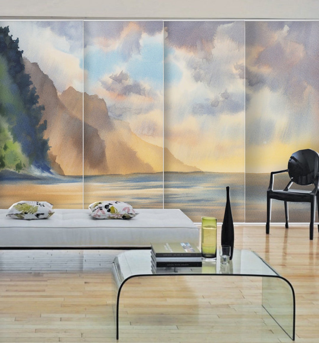 Stormy Sky by the Sea Watercolored Natural Landscape Curtain Panel ...