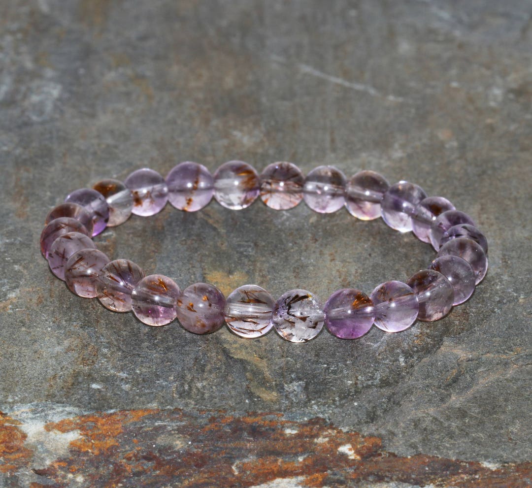 Handmade Cacoxenite Amethyst Beaded Bracelet Grade A 7mm Gemstone Etsy