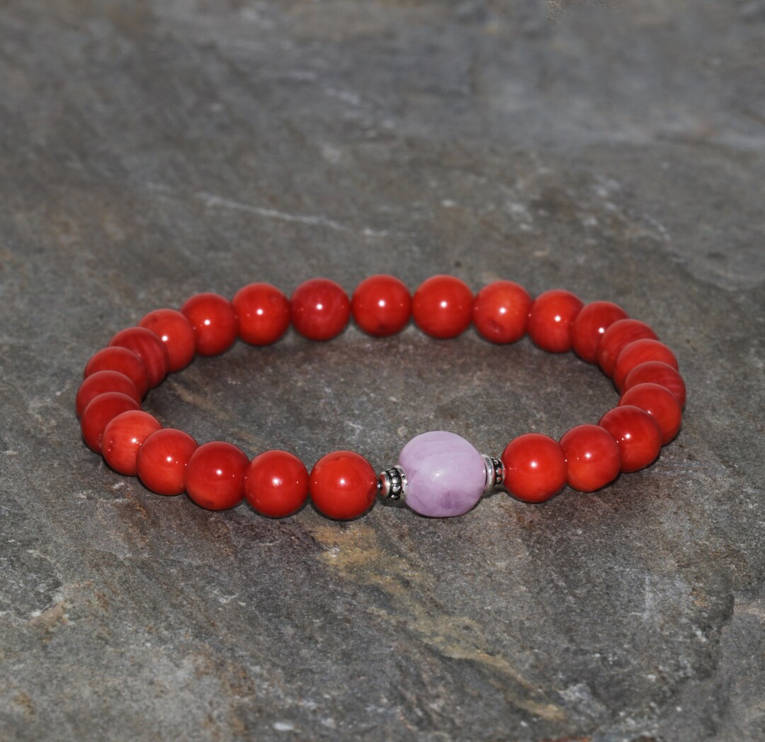 Red Coral and Kunzite Bracelet Handmade 6mm Red Coral Grade AAA Beaded ...
