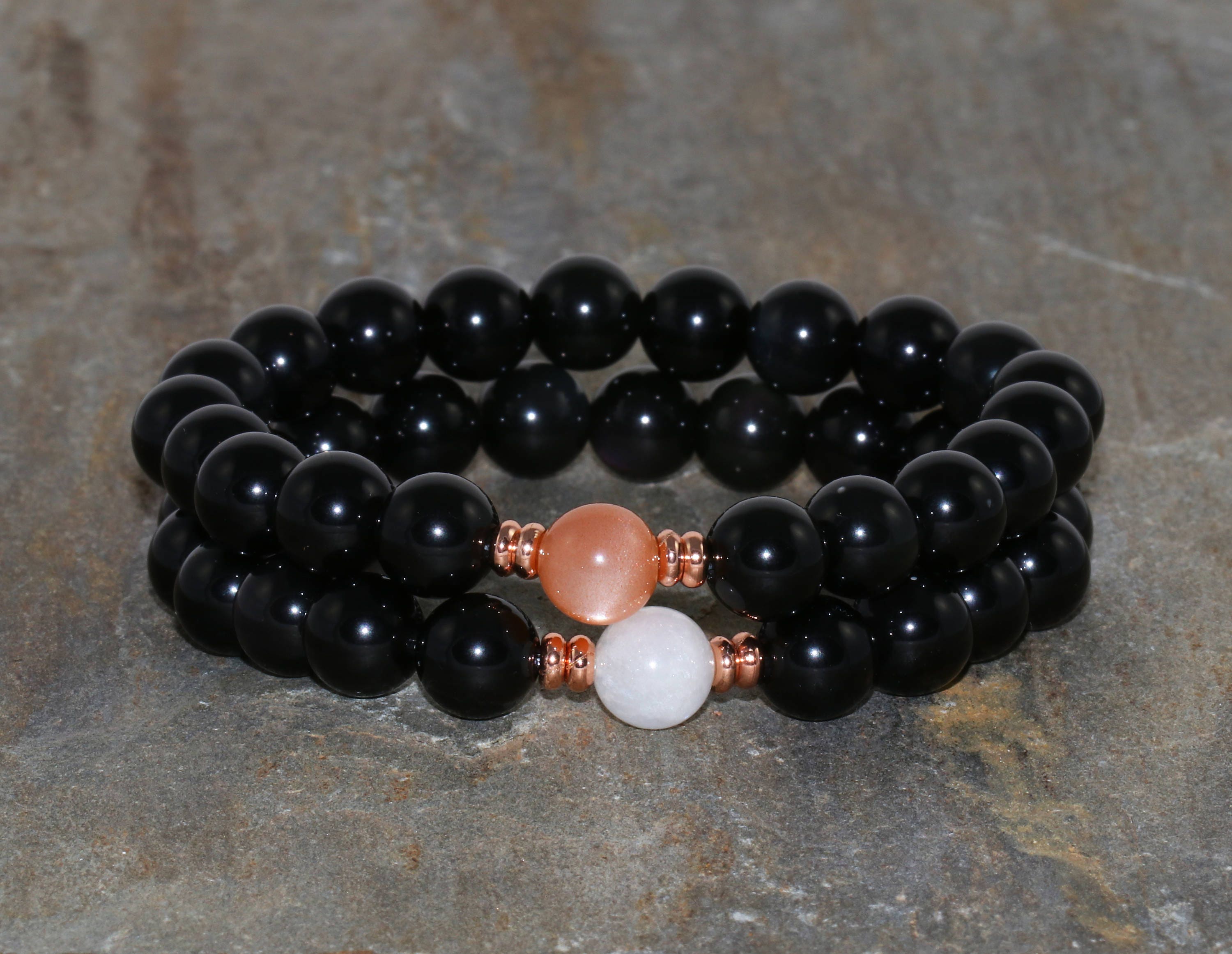Obsidian Moonstone & Sunstone Couples Bracelets His and | Etsy