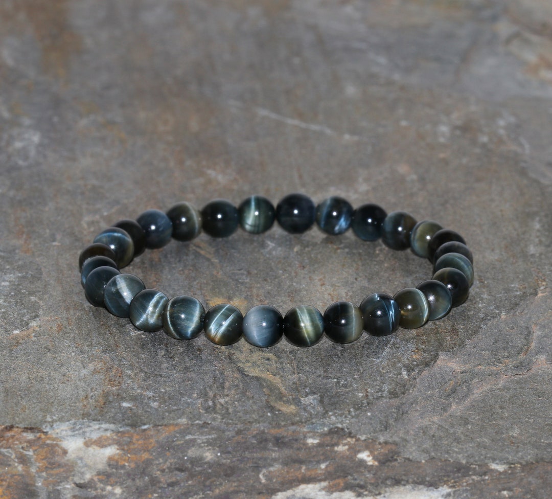 Dainty Dark Blue Yellow Grey Hawk Eye Bracelet Handmade 6mm Blue Gray ...