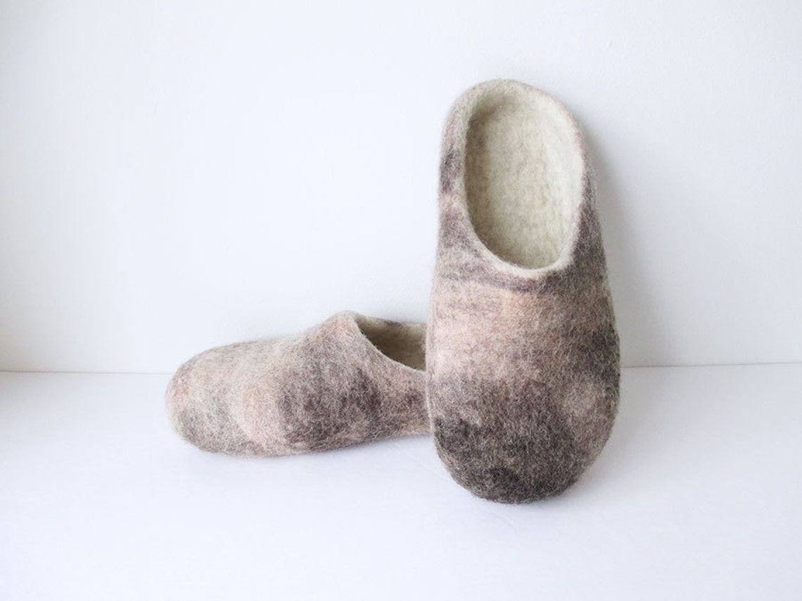 Women or Men Felted Wool Slippers in Beige and Brown Colour, Wool Clogs ...