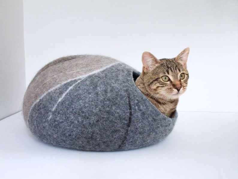 Pebble Wool Felted Cat Cave, Modern Pet Furniture, Cat Lover Gift, Cozy ...