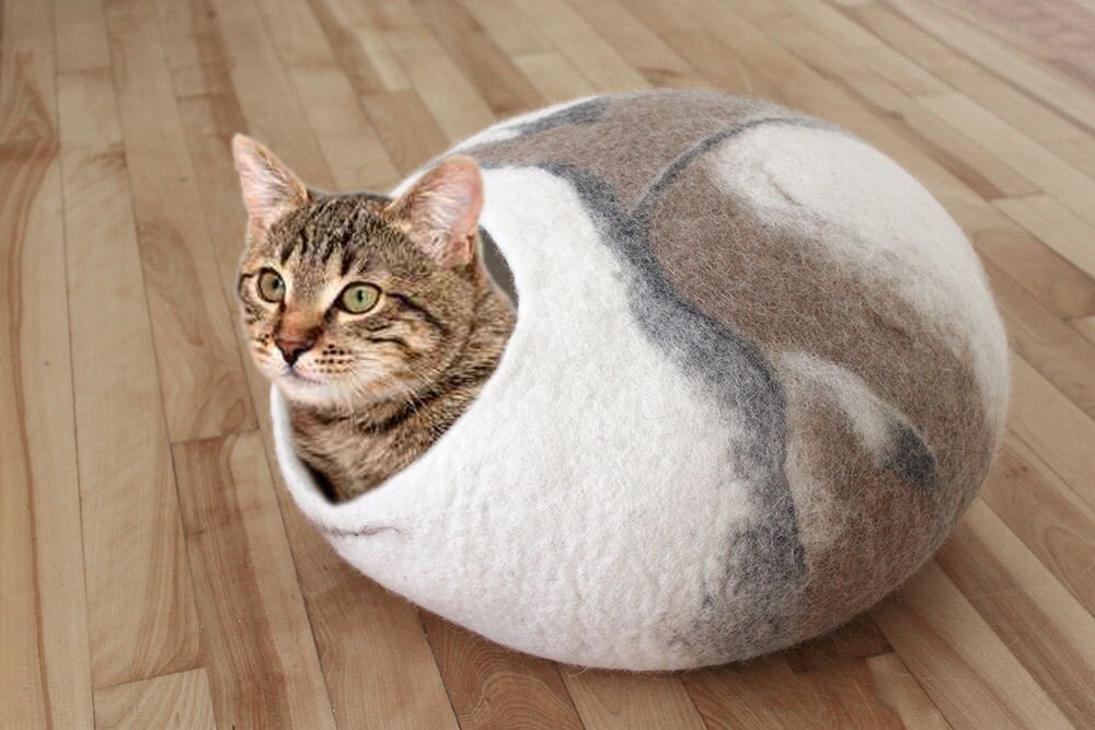 Felted Wool Cat Cave in White Brown Grey Colours Pebble - Etsy