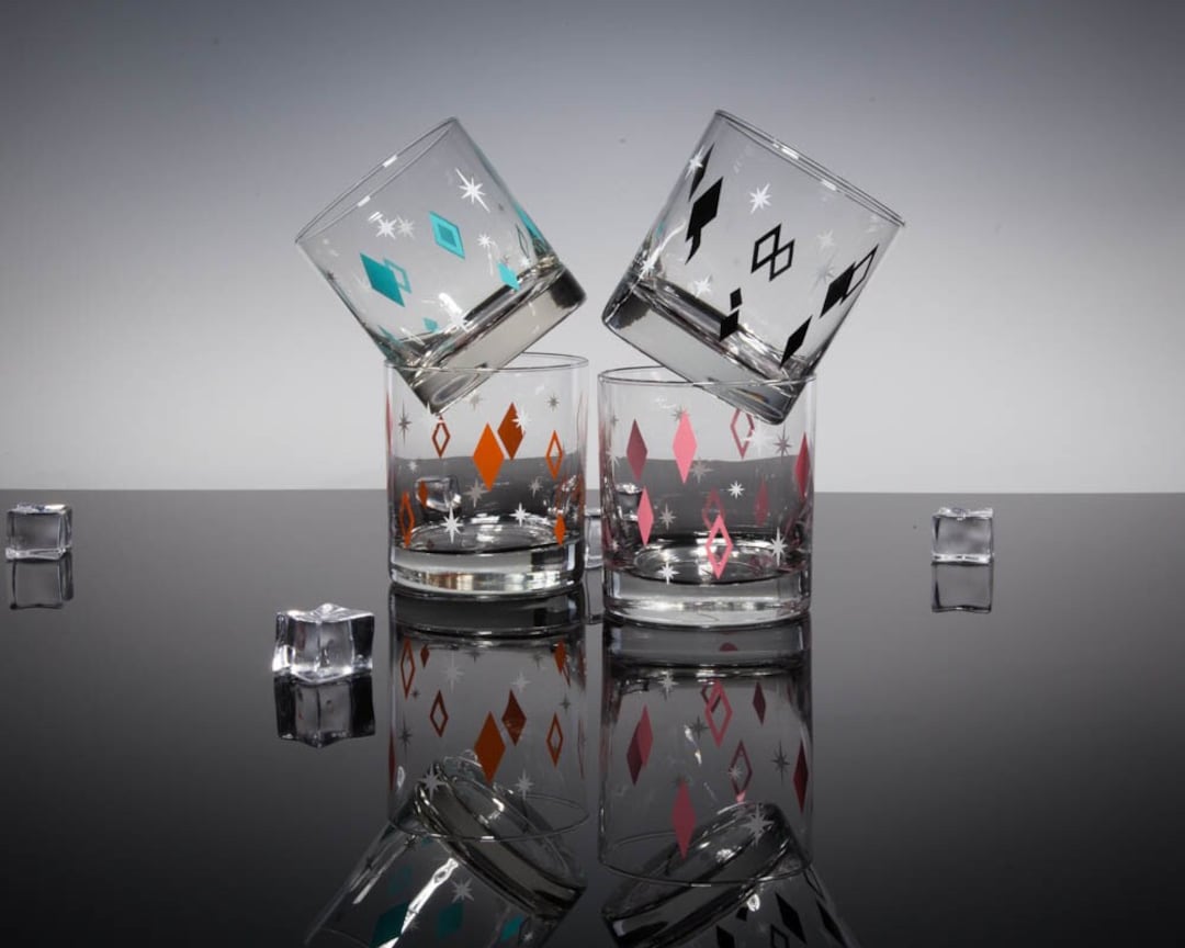 Diner Diamonds Rocks Drinking Glasses: MCM Retro Cocktail 4 Color Set ...
