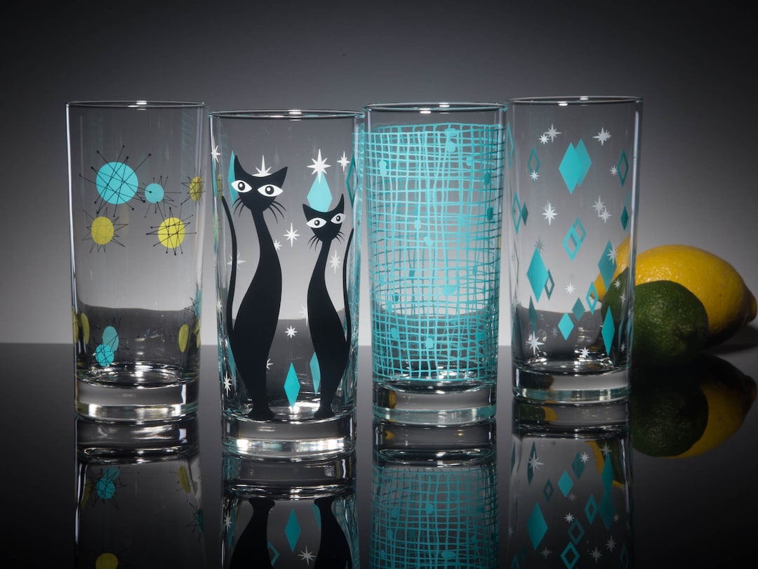 Aqua Mixed Print Drinking Glasses: MCM Retro Cocktail Set - Etsy